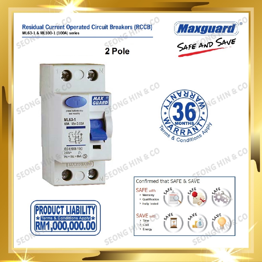 Maxguard 40A 63A 2 Pole 100mA (RCCB) Residual Current Operated Circuit Breakers RCD ELCB ...