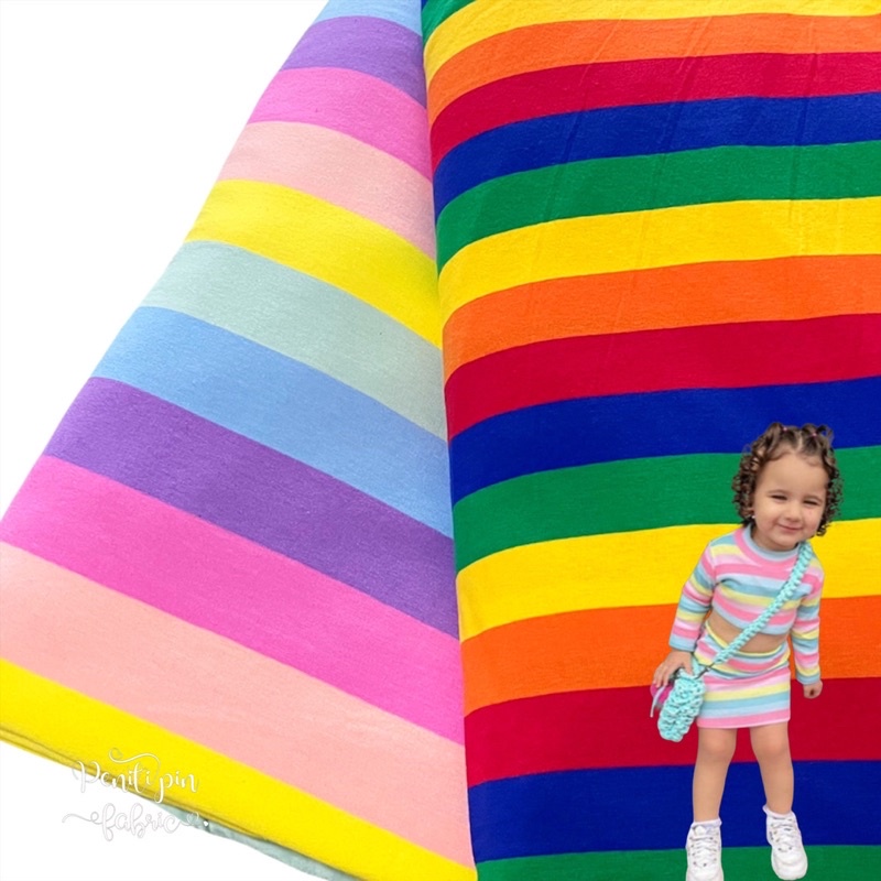 Kain cotton spandex fabric stripe rainbow pastel pelangi colourful ...