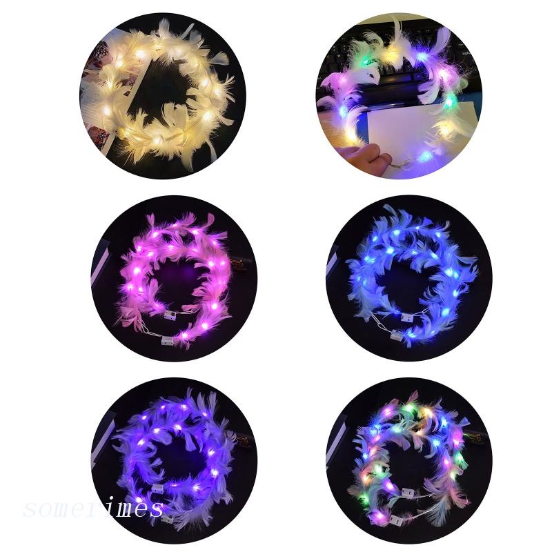Time LED Feather Crown Luminous Headdress Light Up Angel Halo Headband ...
