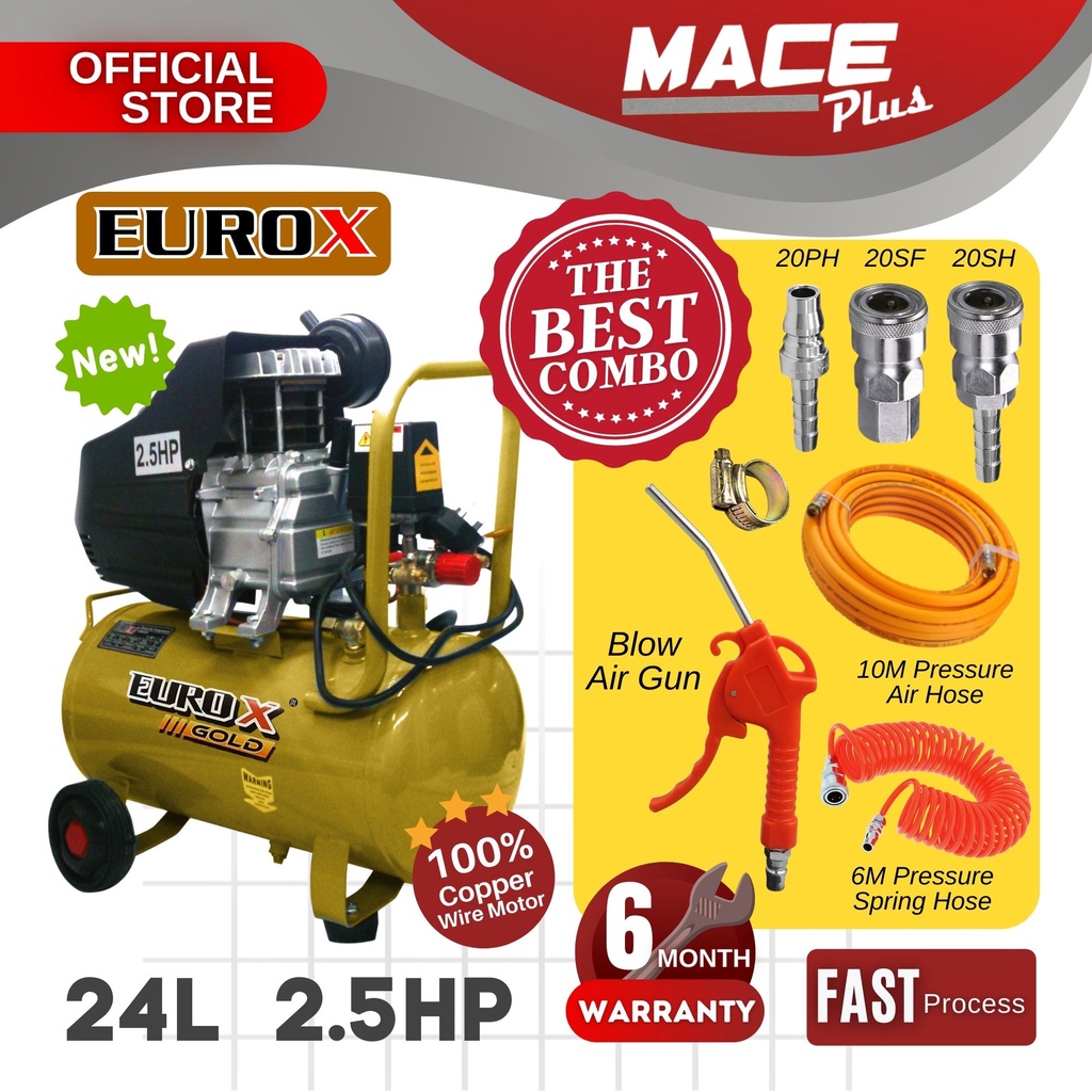 EUROX EAW2524 24Liter Air Compressor 2.5HP 8Bar 240V 2850rpm Europower 24L ( Solo / + Air Blow ...