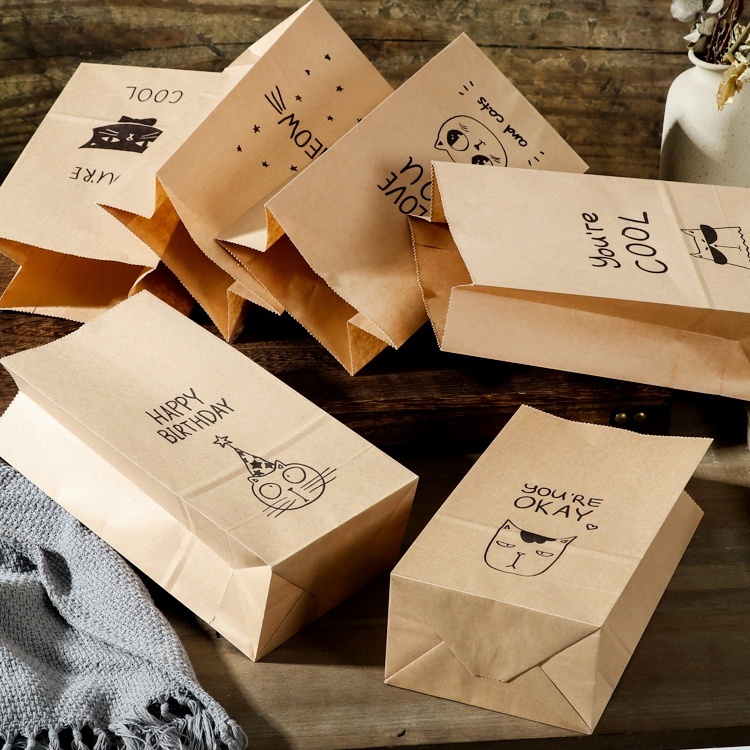 [5pcs] Cat Packaging Bag Kraft Paper Bag Flip Top Gift Bag Happy ...