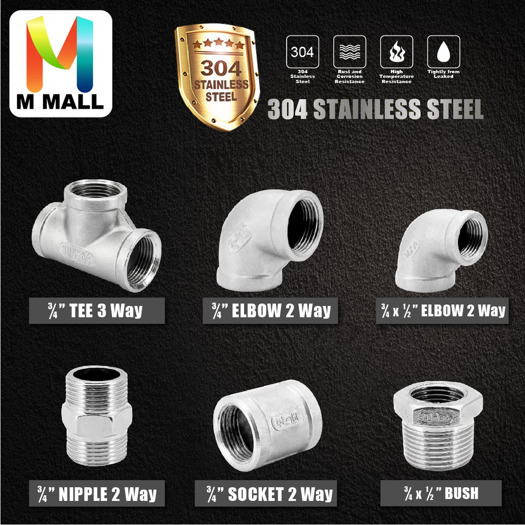 M MALL Stainless Steel SUS304 Pipe Fitting Tee Elbow Nipple Socket 3/4 ...