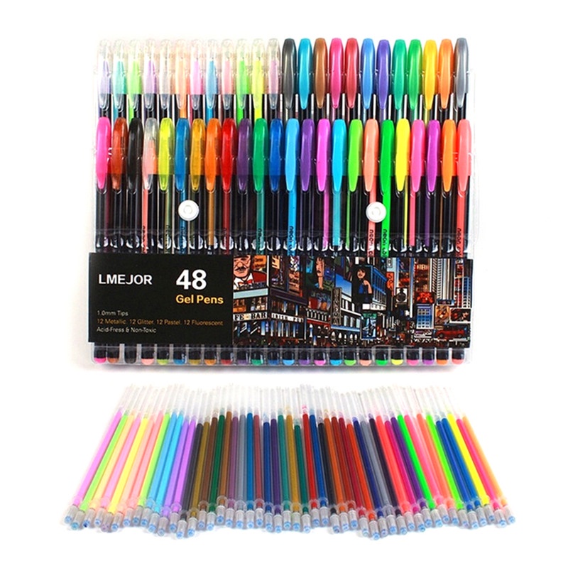 48 Colors Gel Pens Rollerball Pastel Neon Sketch Drawing Color Pen Set ...