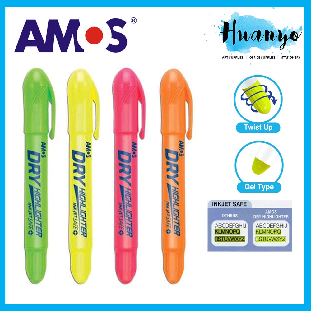 Amos Dry Highlighter INK-JET Safe (Green/Orange/Pink/Yellow) | Shopee ...