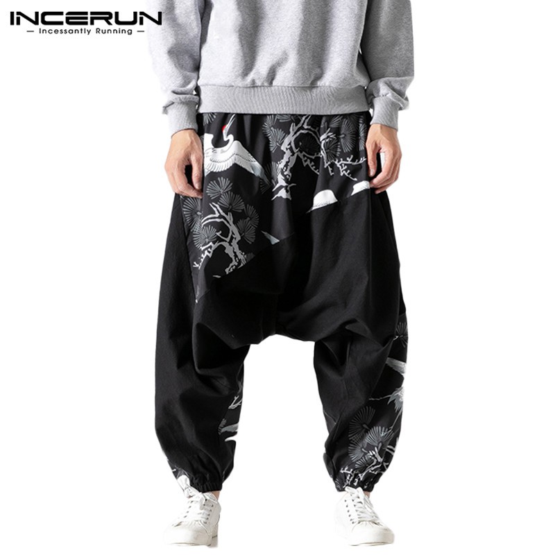 INCERUN Men Vintage Cotton Baggy Elastic Waist Harem Long Pants ...