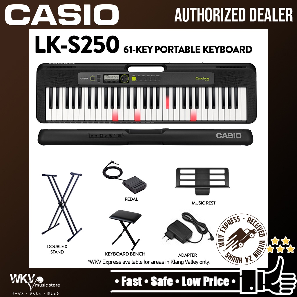 Casio LK-S250 61-Keys Casiotone Electric Keyboard Package with Keyboard Stand, Pedal, Keyboard ...