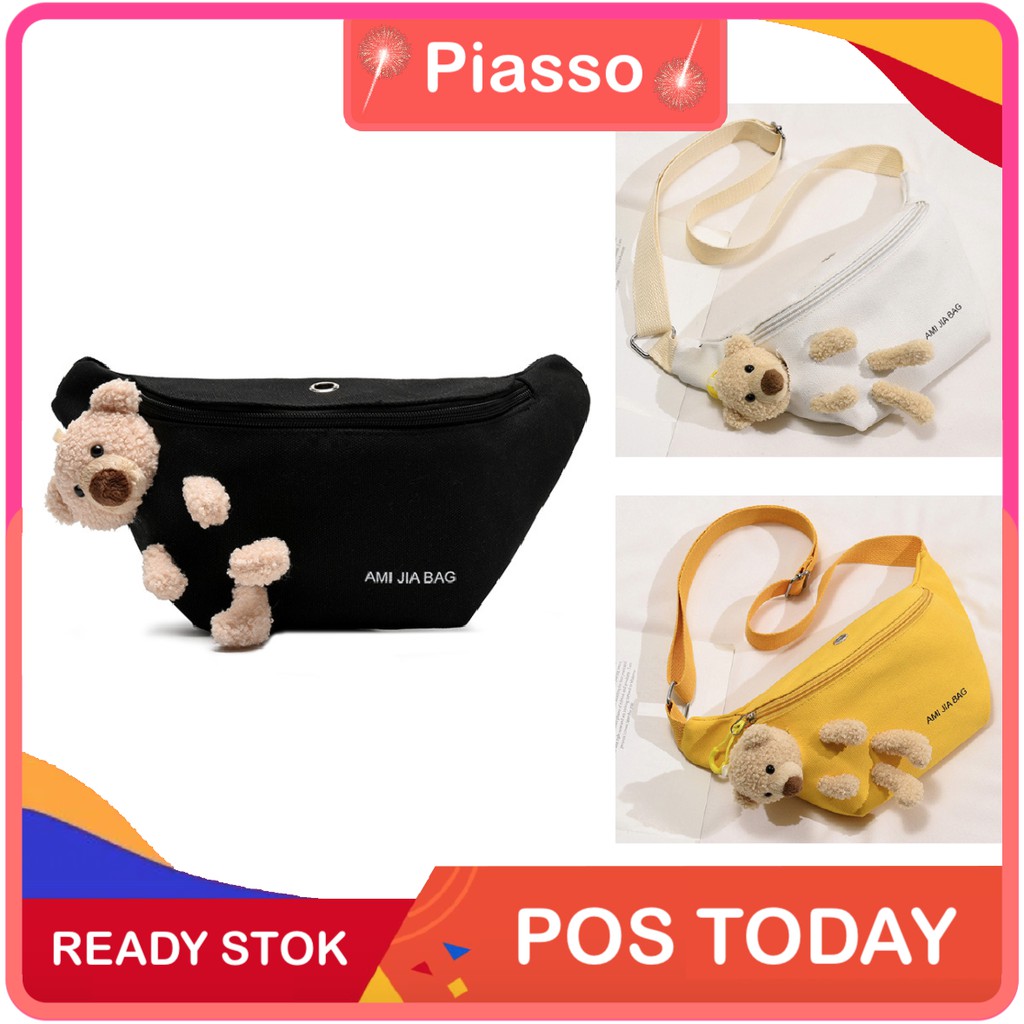 READY STOK🤩PIASSO Women Handbag MIJA Brown Bear Canvas Chest Bag Waist ...