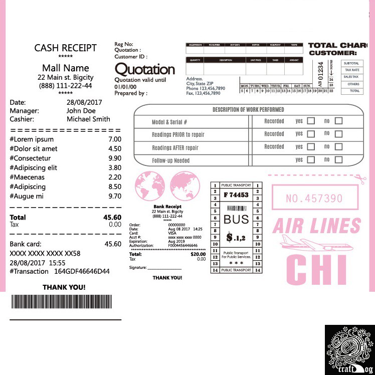 Commercial Invoice Quotation Receipt Ticket Boarding Pass Functional ...