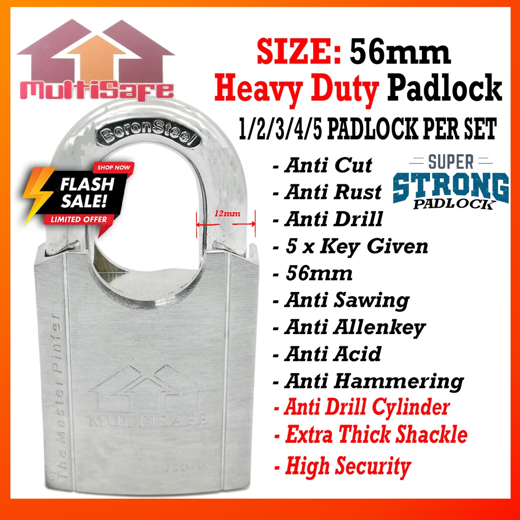 MULTISAFE PADLOCK 56MM 1/2/3/4/5 PCS ANTI CUT ANTI DRILL ANTI RUST HEAVY DUTY EXTRA THICK SAFETY ...