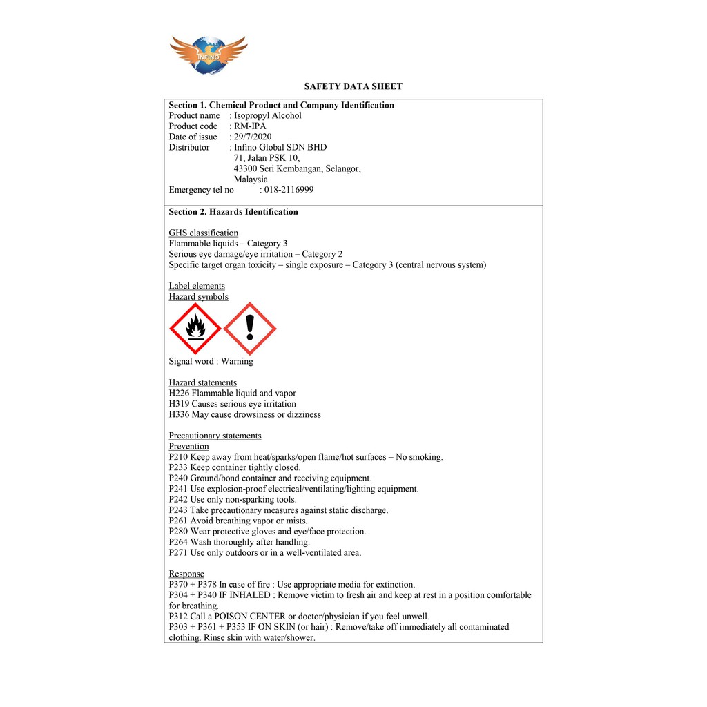 Isopropyl Alcohol (Ipa) Safety Datasheet PDF Toxicity Water