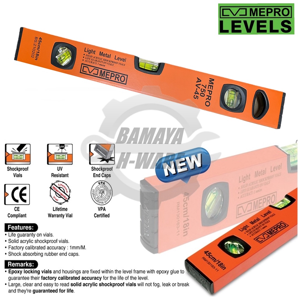 MEPRO (USA) Light Weight Superior Aluminum Spirit Level with Shockproof ...