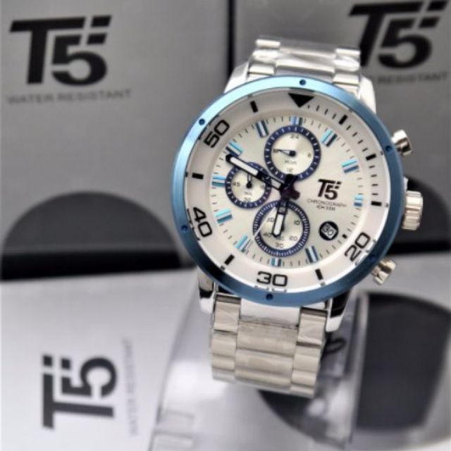 🔥 T5 Men's Chronograph Stainless Steel Sport Watch White Dial Blue ...