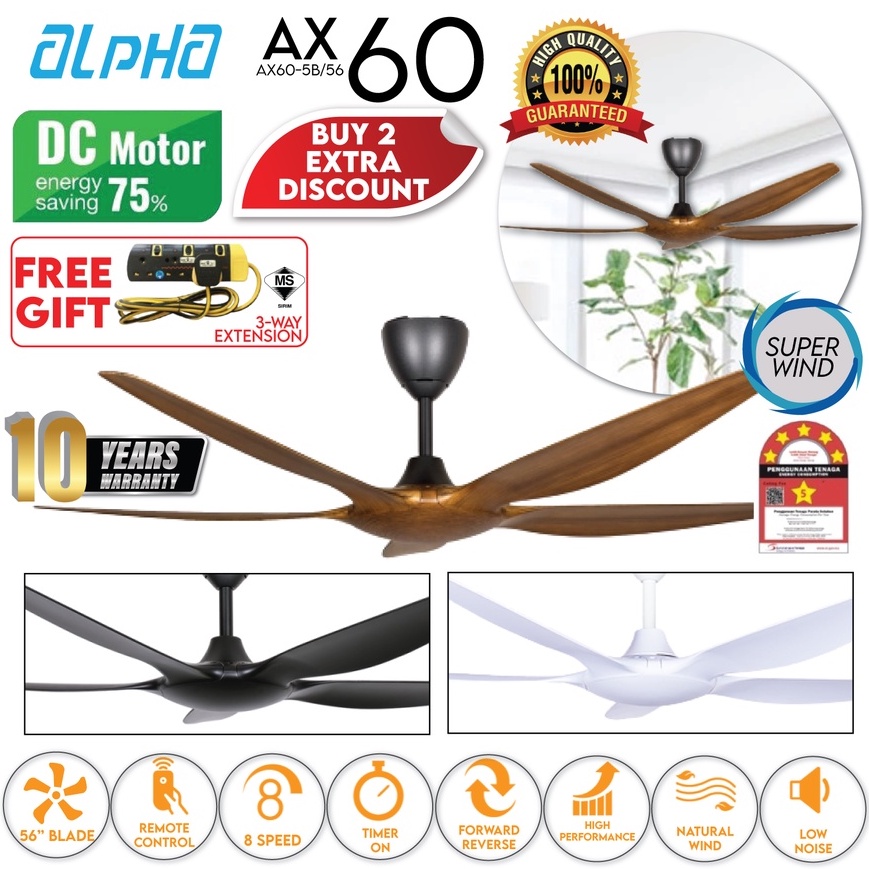 ALPHA AlphaFan - AX60 5B 56 Inch DC Motor Ceiling Fan with 5 Blades (8 ...