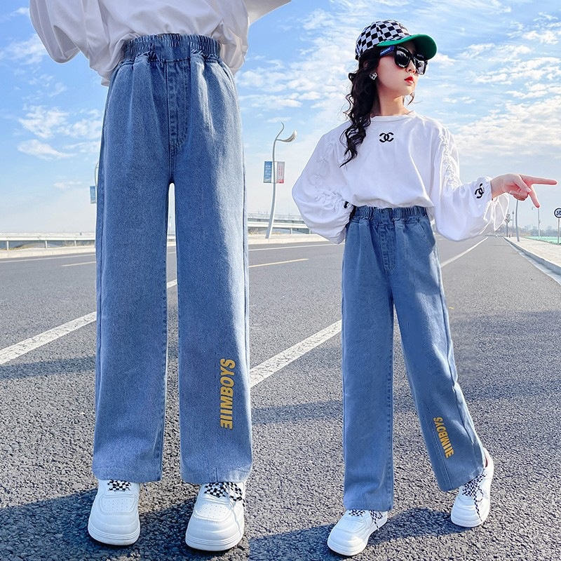 Girls' New Style Straight Jeans Spring Autumn Loose Wide Leg Pants ...