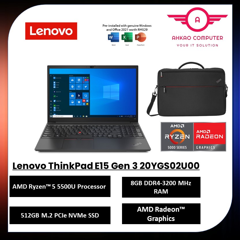 Lenovo ThinkPad E15 Gen 3 20YGS02U00 15.6'' FHD Laptop ( Ryzen 5 5500U, 8GB, 512GB SSD, ATI, W10 ...