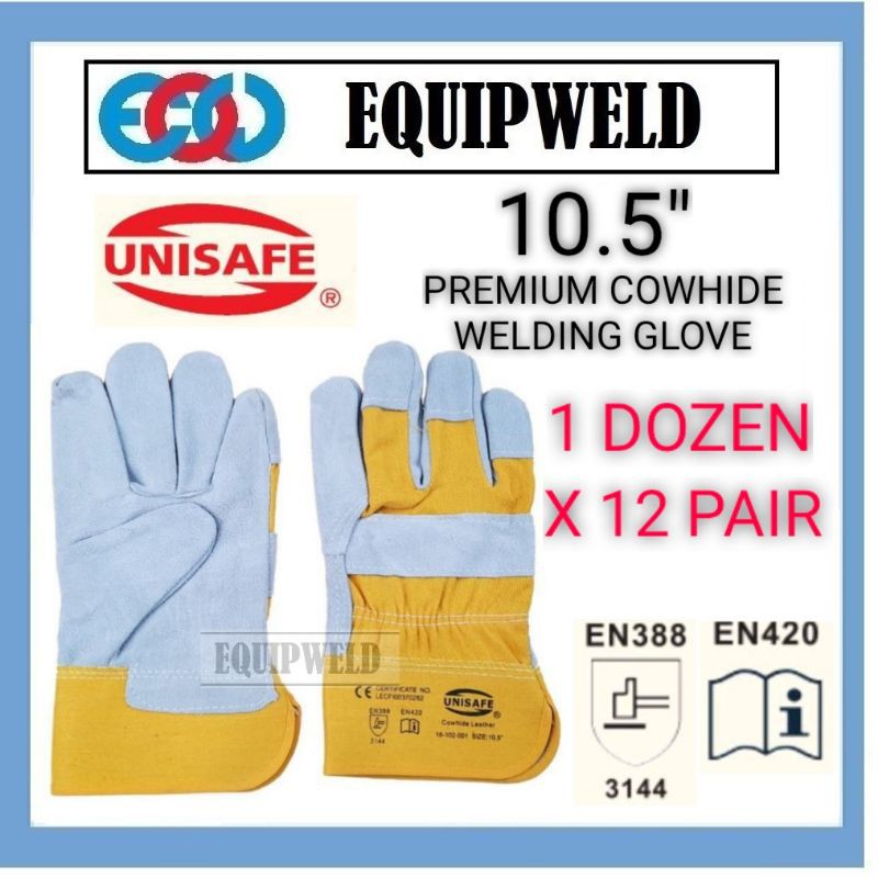 (PROMO) UNISAFE 10.5" FULL PALM PREMIUM LEATHER COWHIDE WELDING WORK HAND GLOVE - 12 PAIR (1 ...