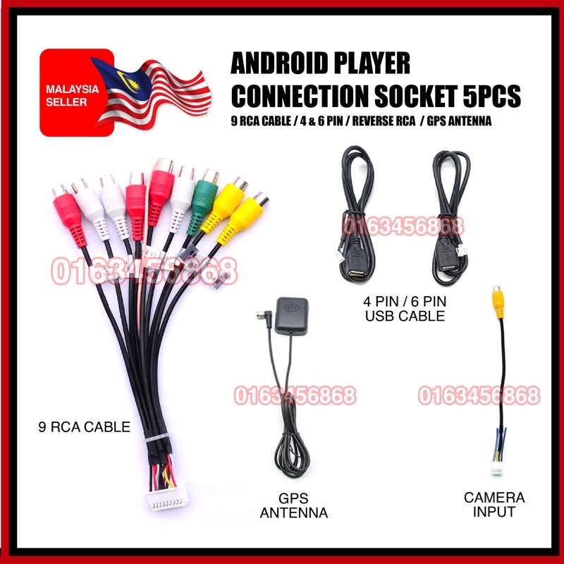 ANDROID PLAYER CONNECTION SOCKET - 9 RCA CABLE , USB SLOT , 4 & 6 Pin Cable , GPS ANTENNA ...