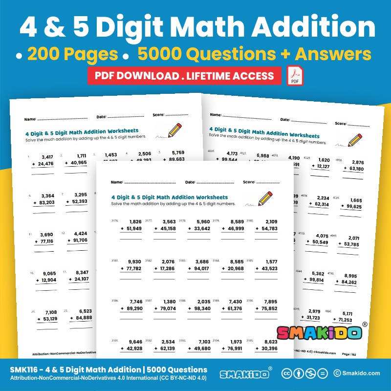 [ Soft Copy/PDF ] 5000 Questions- 4 & 5 Digit Math Addition Worksheets ...