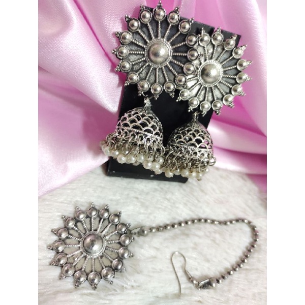 (READY STOCK) OXIDISED SILVER JHIMKA WITH SILVER TIKKA | Shopee Malaysia