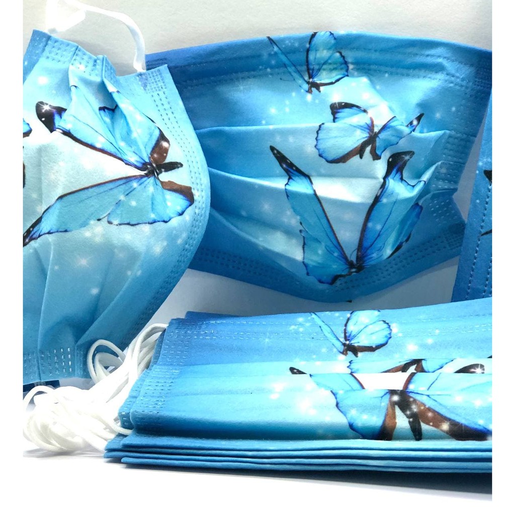 Earloop Kanak-Kanak Facemask Corak Rama-Rama Biru 10 Pcs 3 Lapisan ...