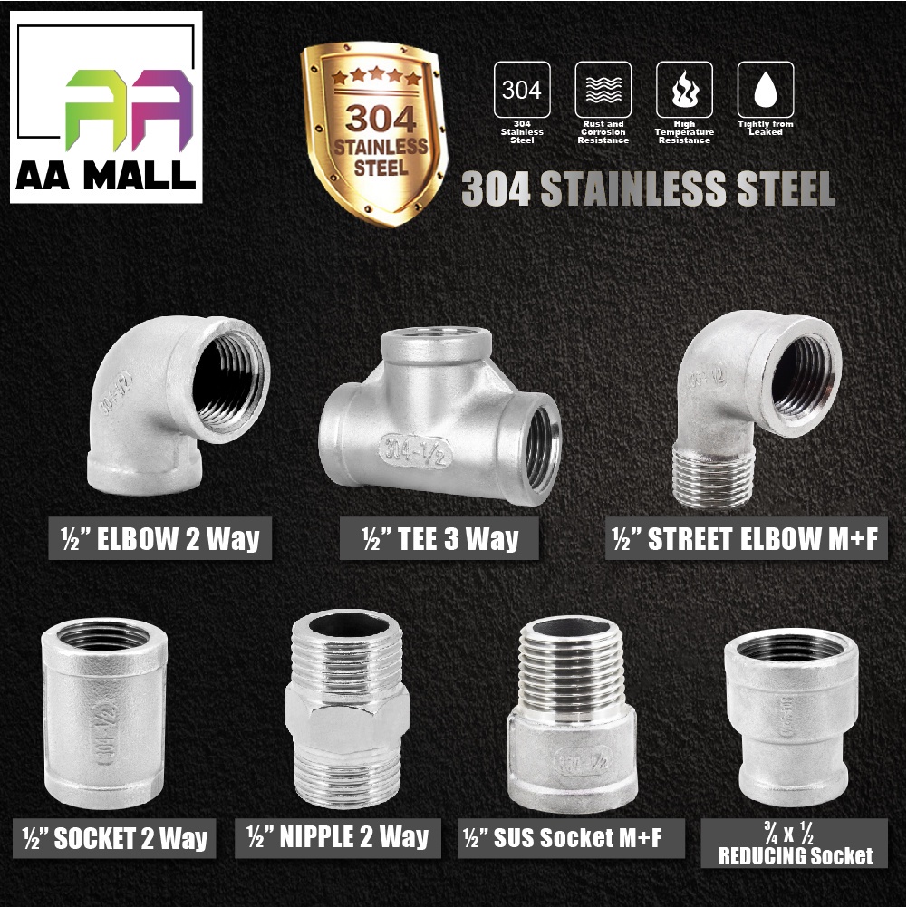 AA MALL Stainless Steel SUS304 Pipe Fitting Tee Elbow socket Nipple ...