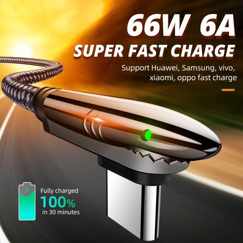 6A 66W Fast Charging Type-C Charger 90 Degree Cable Data Cord with Led Light | Shopee Malaysia