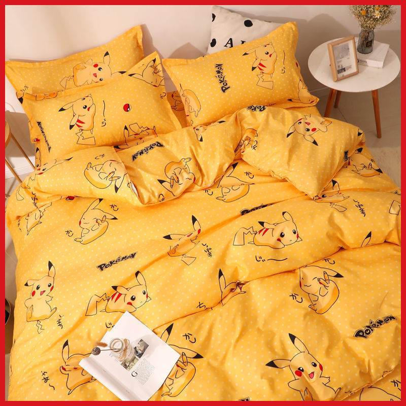 (15)Daimeng cartoon picachu bed sheet and quilt cover 4-piece dormitory ...