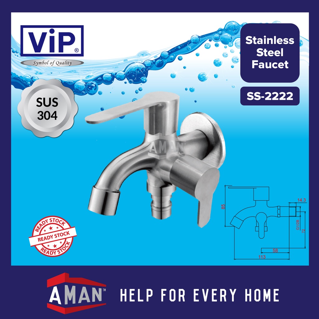 VIP SUS-304 Stainless Steel 2-Way Bibtap With Nozzle Wall Tap Water Tap ...