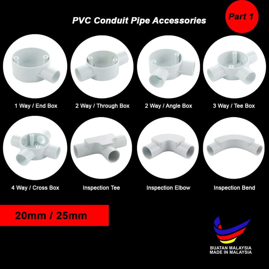 PVC CONDUIT PIPE ACCESSORIES 20MM/25MM Soket Elbow Tee Box 4 Way Box ...