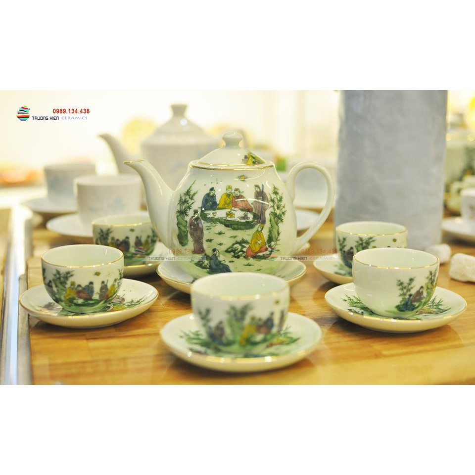 Green tea set with gold thread border, hand-painted with seven sage ...