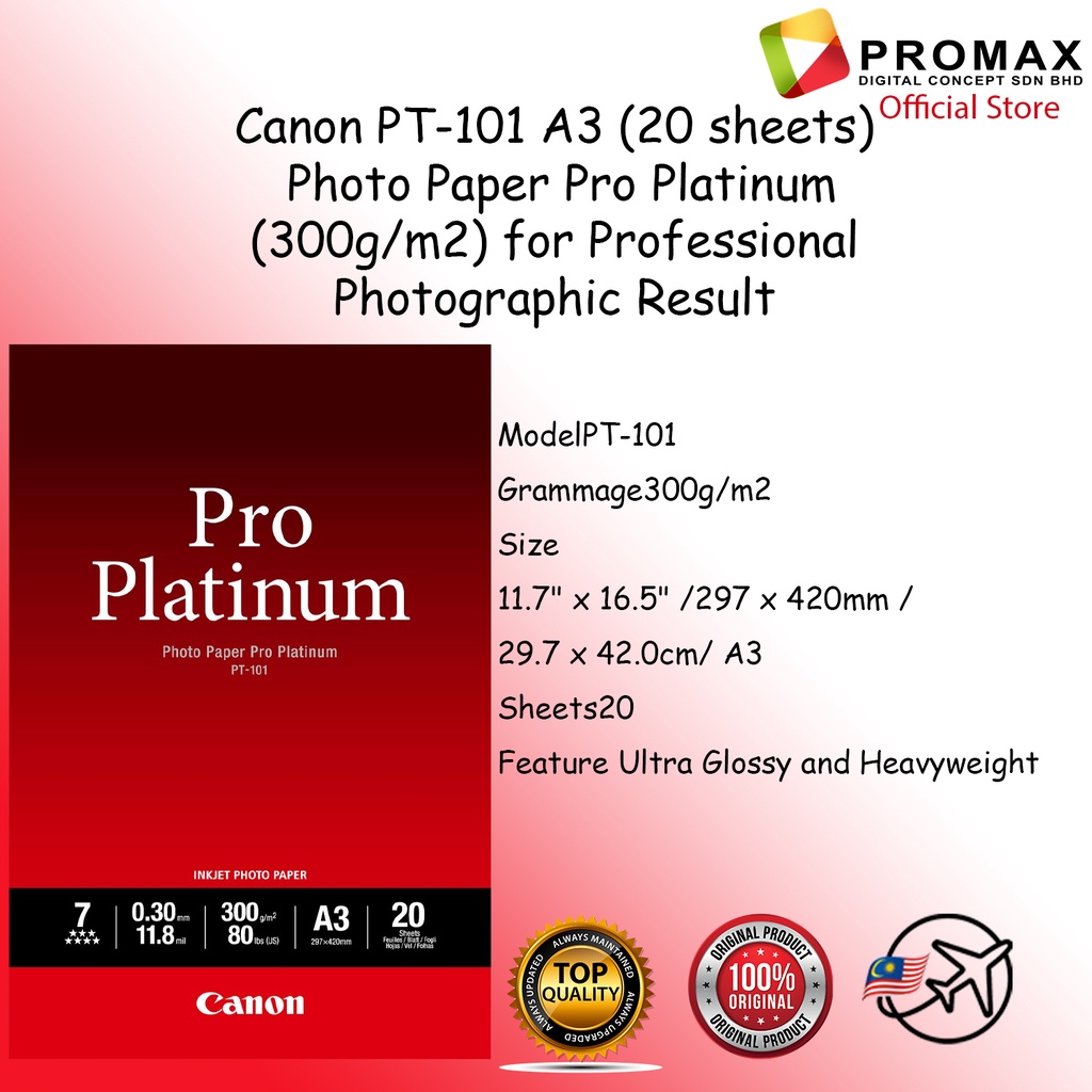 Canon A3 Photo Paper 20 shts LU-101 PT-101 PM-101 Plus Glossy II / Pro ...