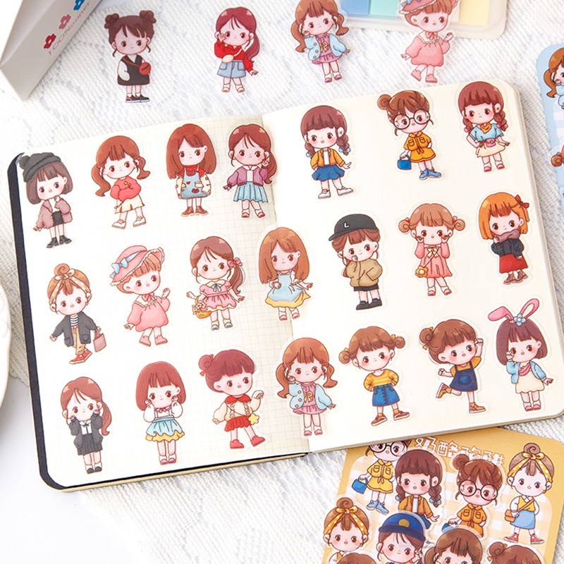 40 Pcs Waterproof PET Kawaii Girl Stickers Pack Cartoon Decorative DIY ...