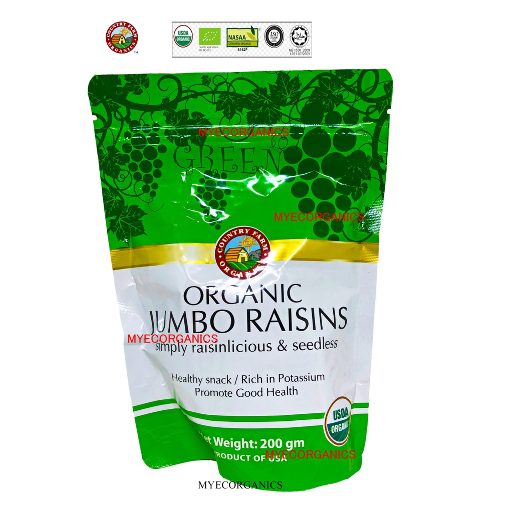 Country Farm Organics Raisins Green Seedless Jumbo Size, 200G | Shopee ...