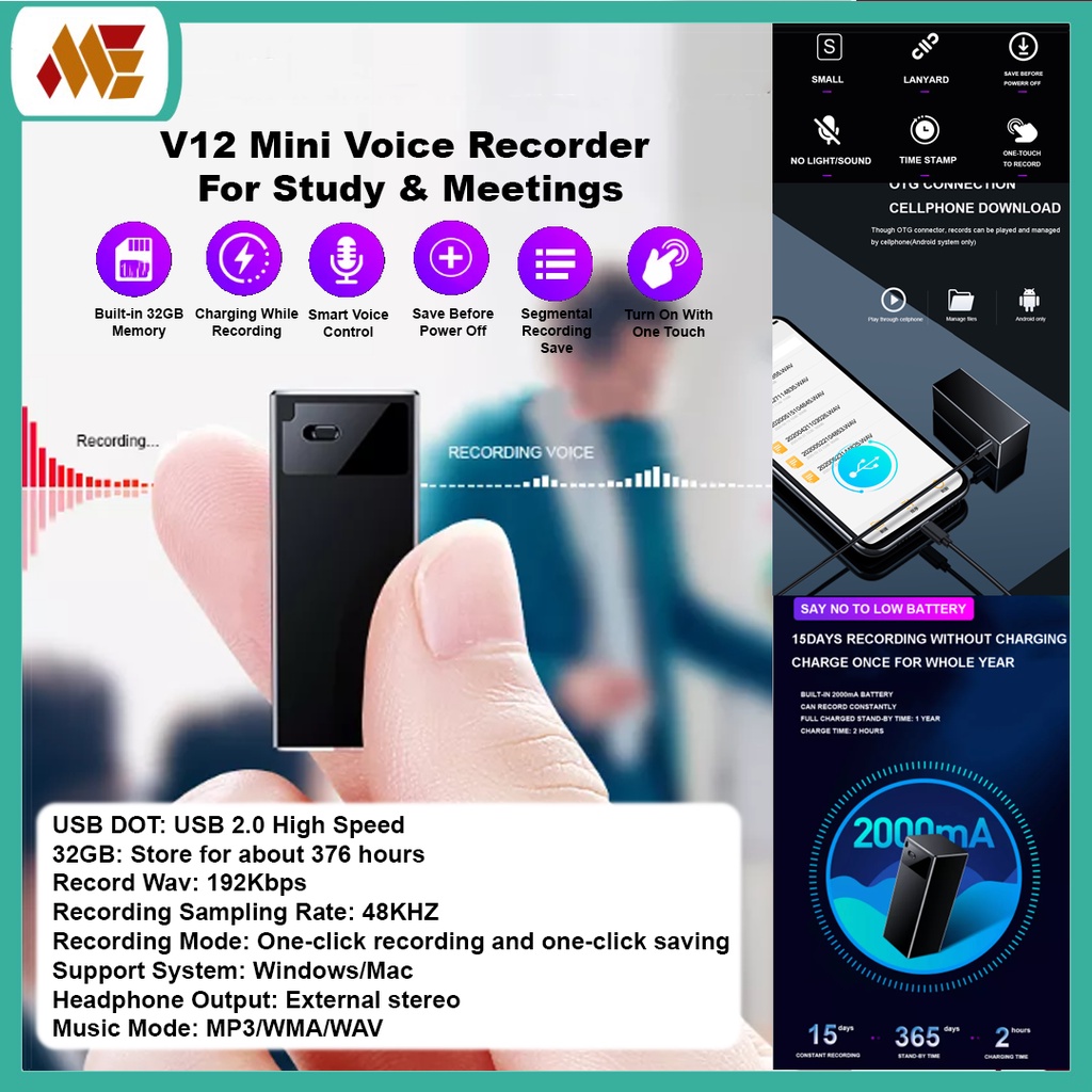 Portable V12 Mini Voice Recorder 32GB For Study, Business Meetings and ...