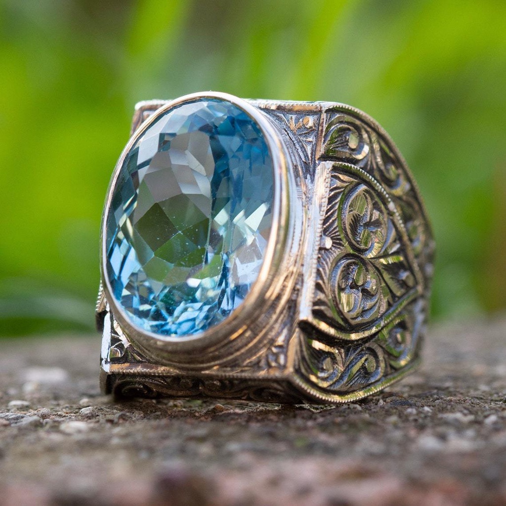 Vintage Ottoman Metal Hand Carved Pattern Ring Turkey Hand Inlaid Blue ...