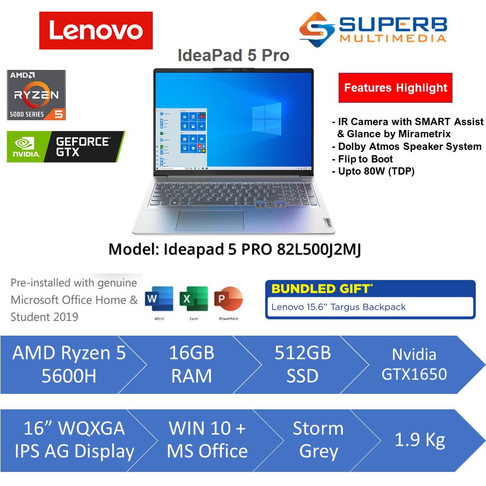Lenovo IP5 PRO 82L500J2MJ Laptop (AMD Ryzen 5 5600H, 16gb ram, 512gb ...