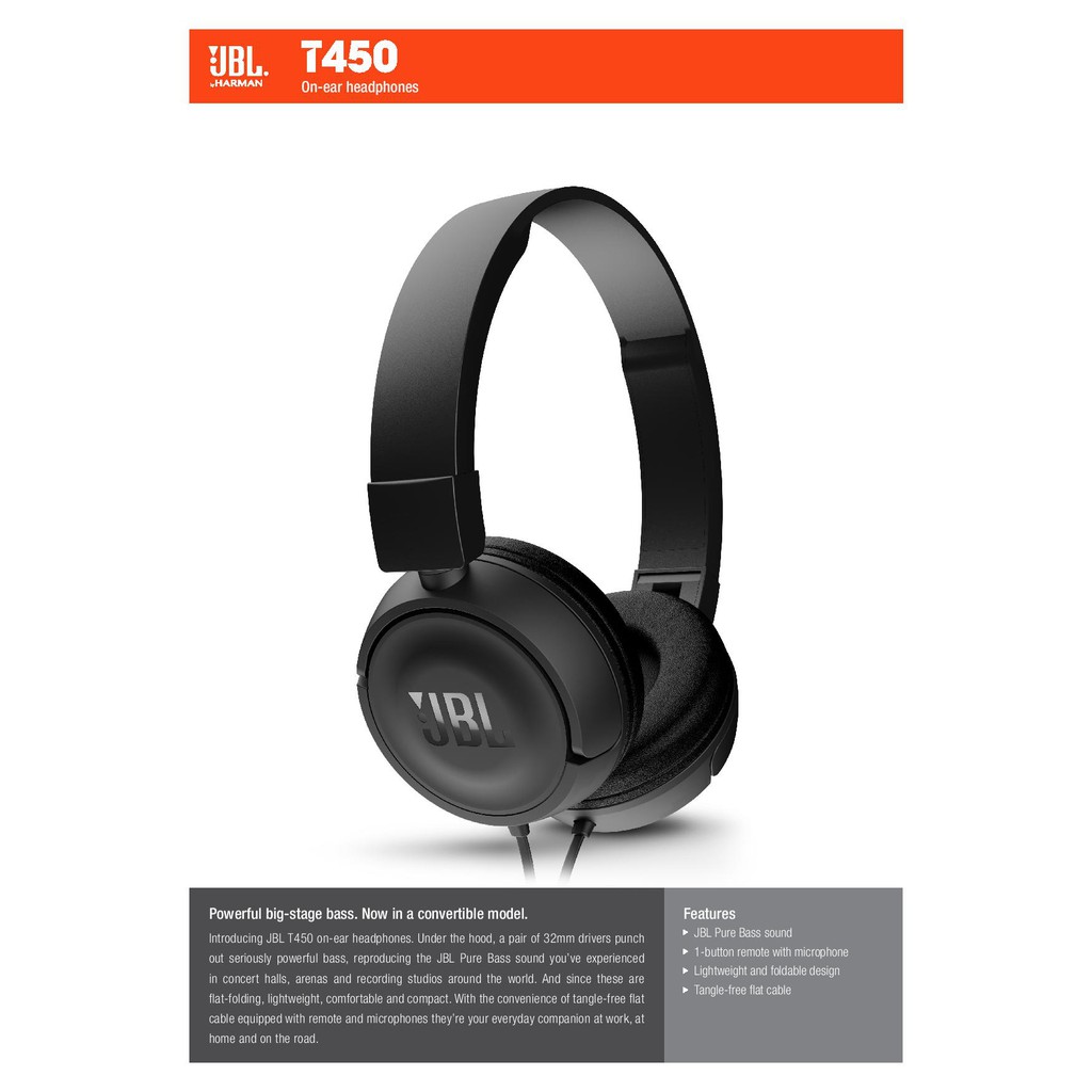 JBL T450 On Ear Wired Headphones With Mic (Black) | Shopee Malaysia