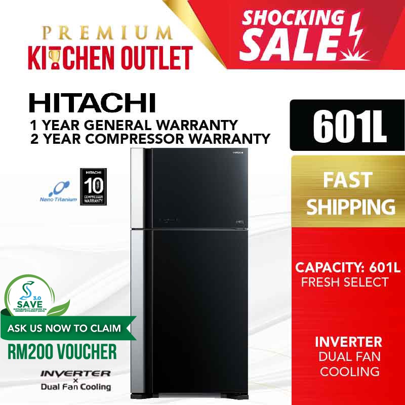 Hitachi 601L Refrigerator Big2 Glass Series 2 Door R-VG710P7M-1 GBK ...