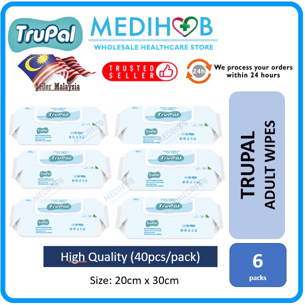 [6 PACKS] TRUPAL/HERO WIPES HIGH QUALITY LARGE ADULT WIPES 6x40pcs ...