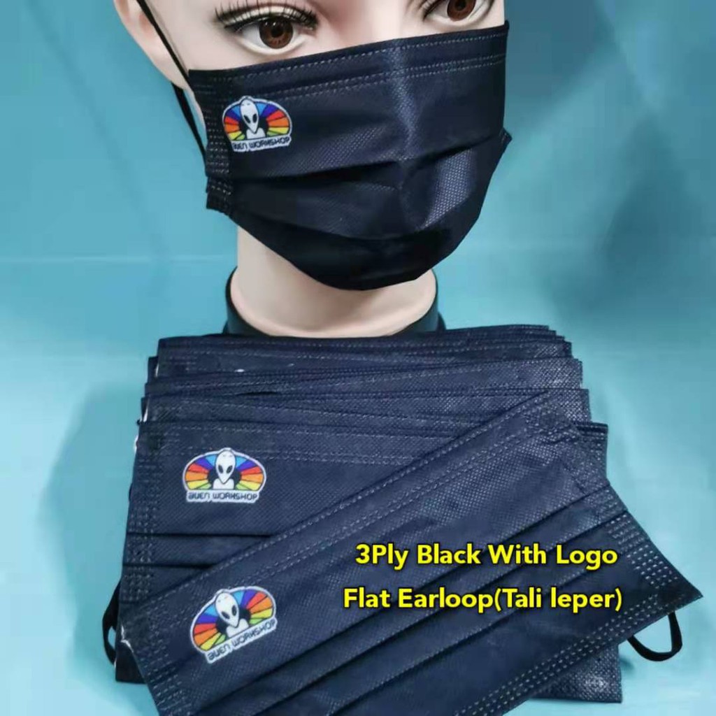 Tali Leper 3ply Earloop Full Black Face Mask 4ply Mask Hitam Full Black ...