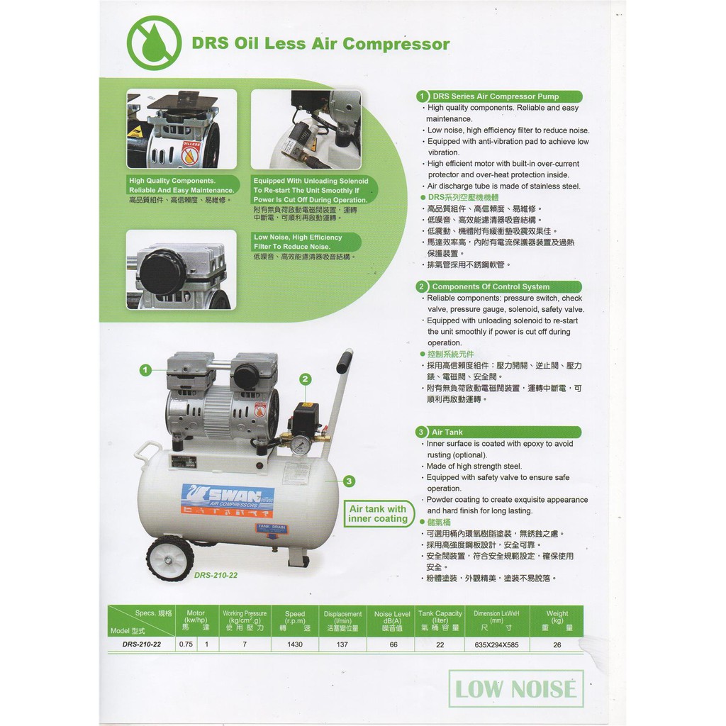 SWAN DRS-210-22 OILESS SOUNDPROOF AIR COMPRESSOR | Shopee Malaysia