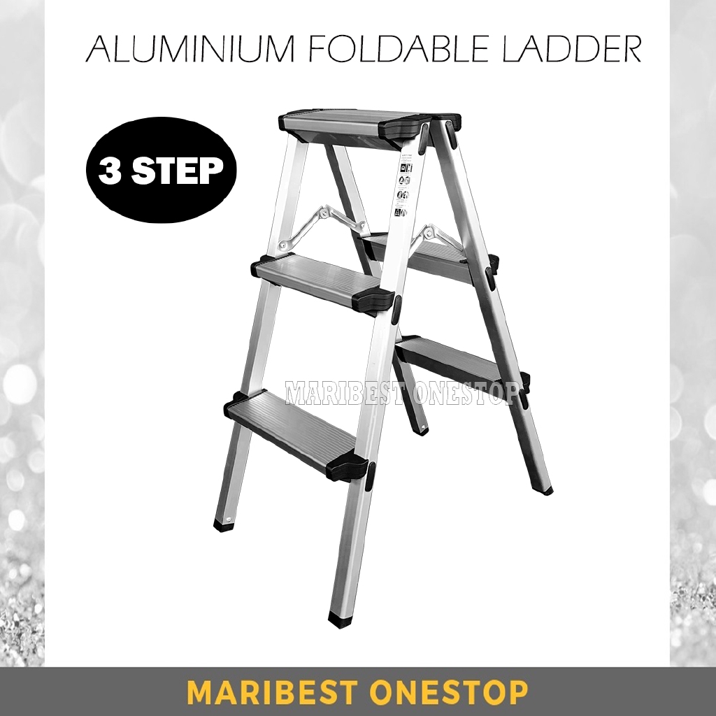 3 Step Lightweight Foldable Aluminium Frame Double-Sided Stool Ladder ...