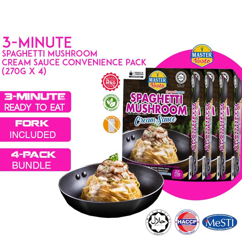 (4-Pack Bundle) Master Pasto 3-Minute Spaghetti Mushroom Cream Sauce Convenience Pack (270g x 4 ...