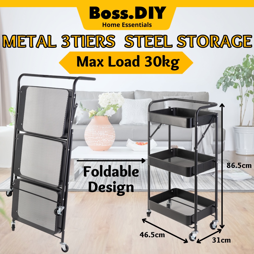 100% Full Metal 3 Tier Foldable Multi-Function Storage Steel Trolley ...