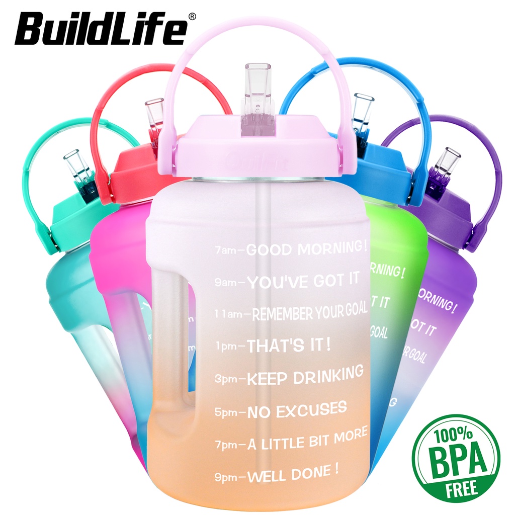 BuildLife 2.5L Water Bottle with Straw Motivational Time Marker Large ...
