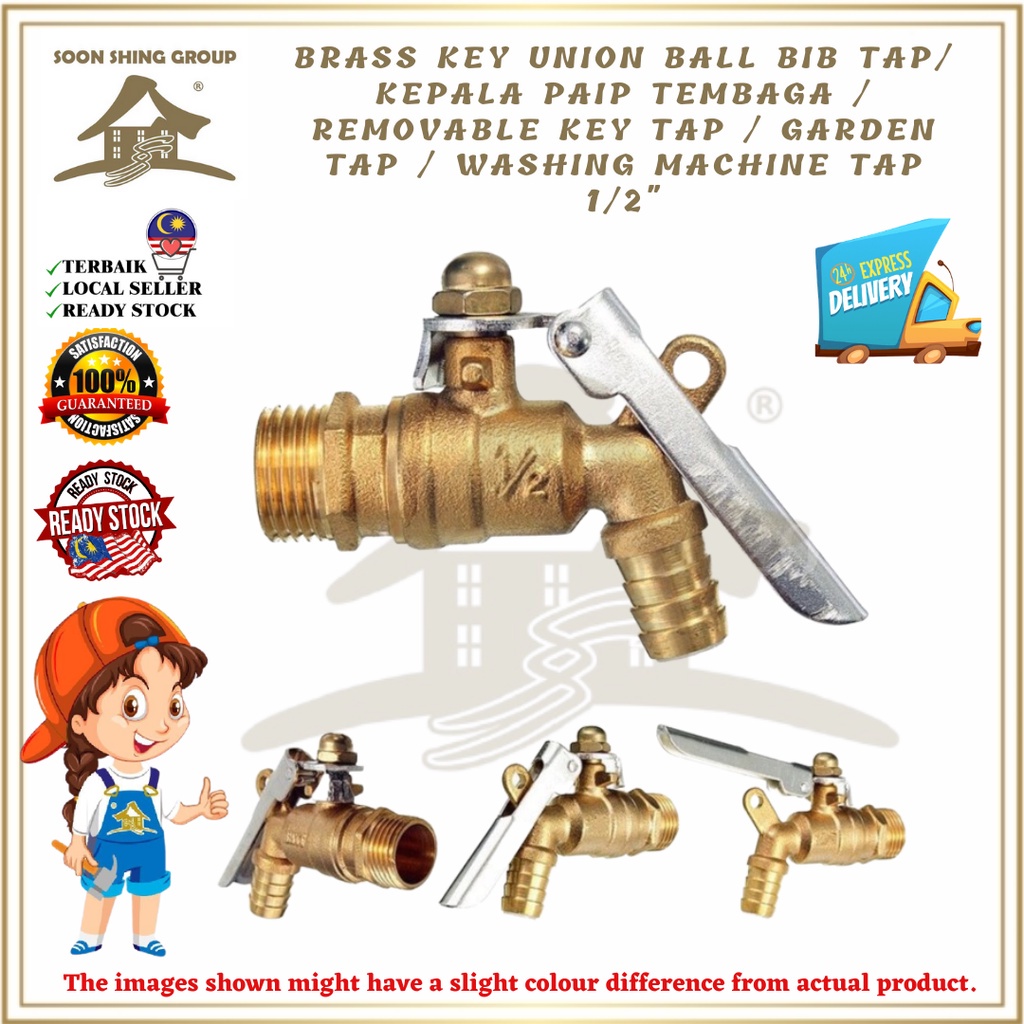 BRASS KEY UNION BALL BIB TAP/ KEPALA PAIP TEMBAGA / REMOVABLE KEY TAP ...