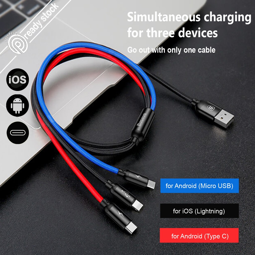 Baseus Original 3 In 1 IPhone Micro Type C Data Cable Fast Charging 3 ...