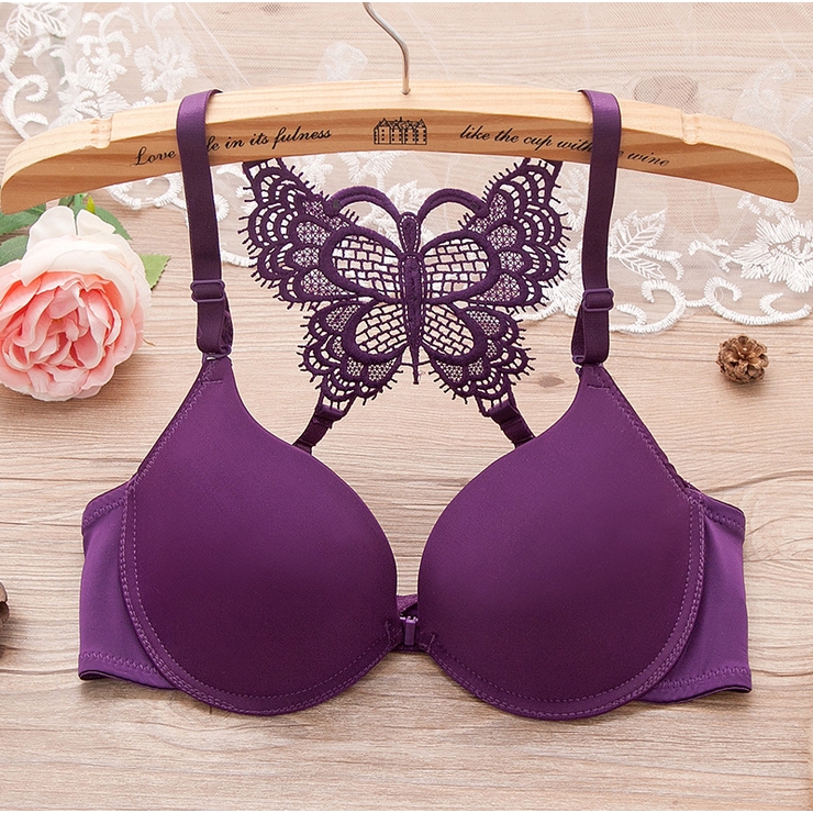 Push Up Bra Seamless Front Closure Bralette Embroidery Butterfly Thick ...