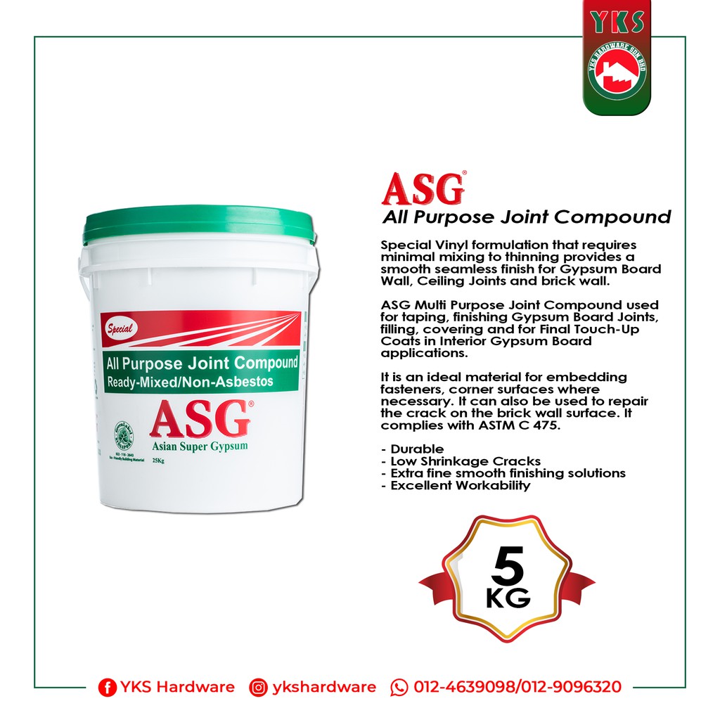 ASG All Purpose Joint Compound - Ready-Mixed/Non-Asbestos 5kg | Shopee ...