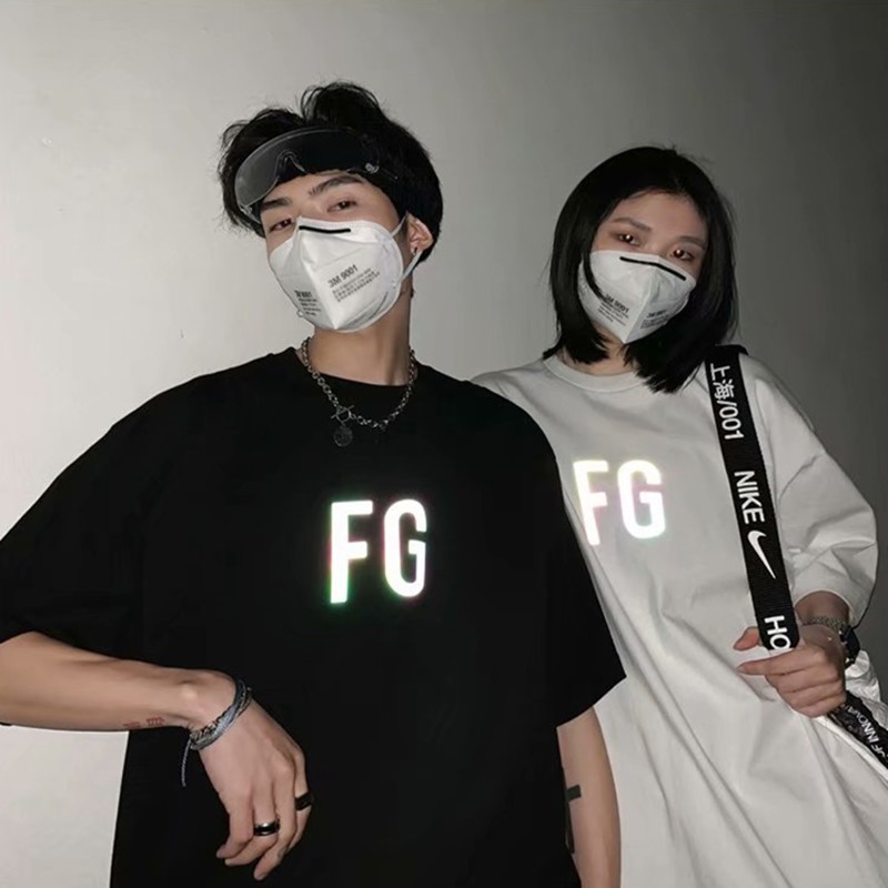 S-8XL ins trend super fire couple short-sleeved T-shirt Colorful reflective FG pattern tide ...